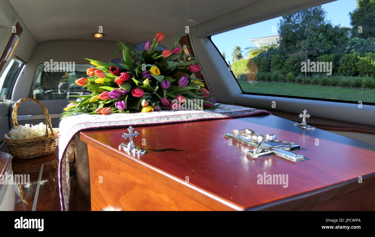 funeral casket or coffin inside the hearse or at church, chapel Stock ...