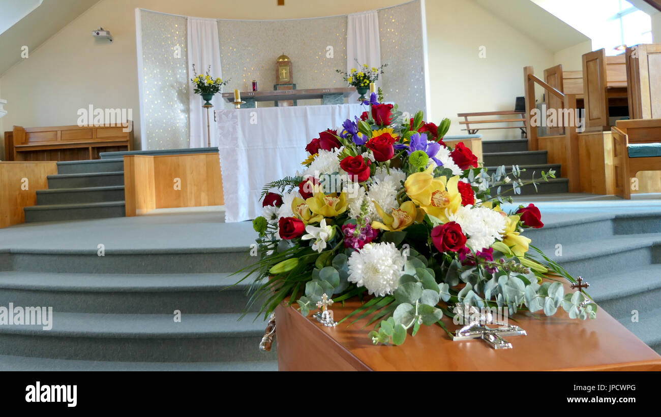 funeral casket or coffin inside the hearse or at church, chapel Stock ...