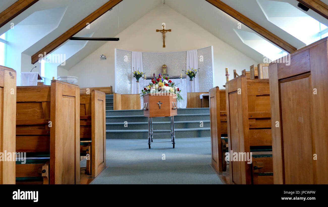 funeral casket or coffin inside the hearse or at church, chapel Stock ...