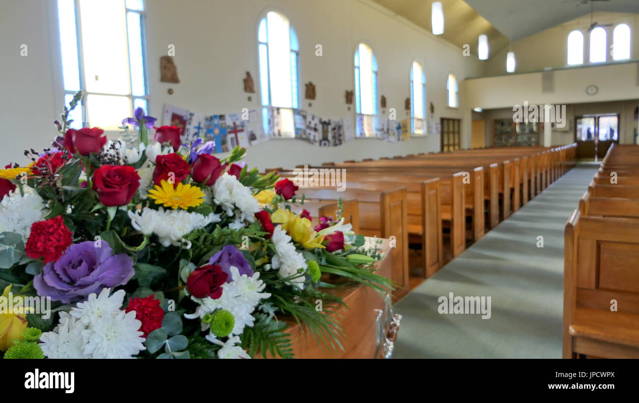 funeral casket or coffin inside the hearse or at church, chapel Stock ...