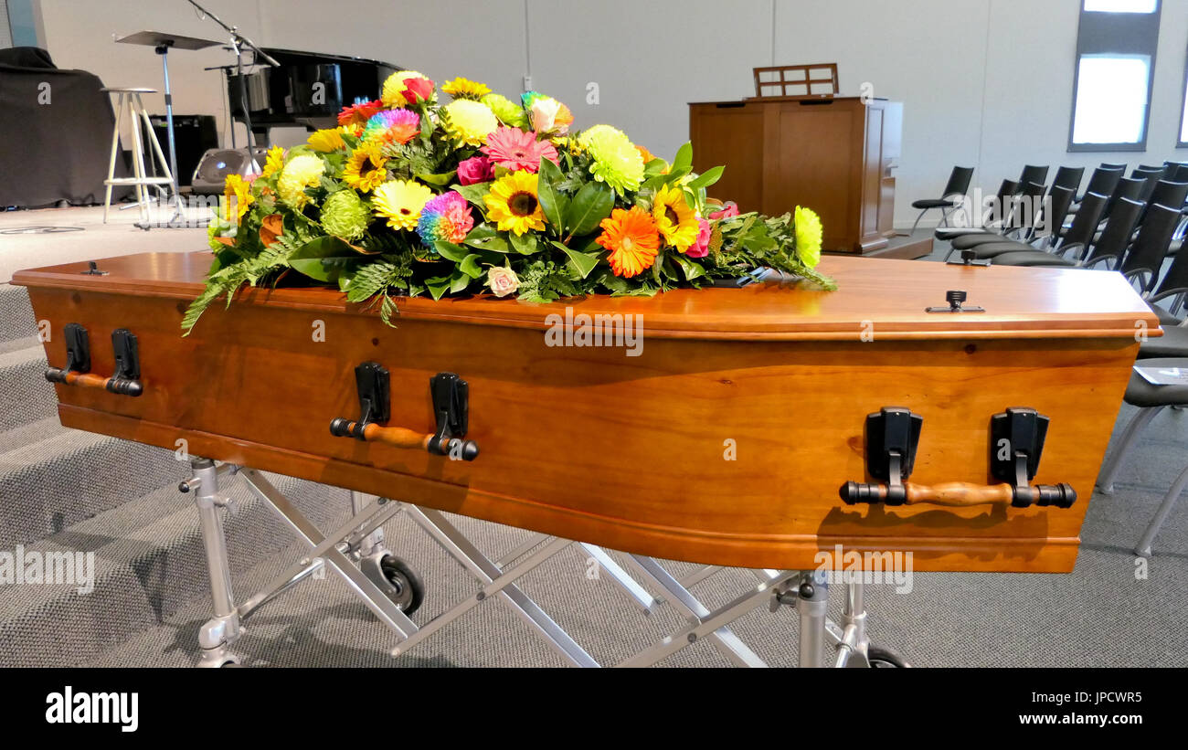 funeral casket or coffin inside the hearse or at church, chapel Stock ...