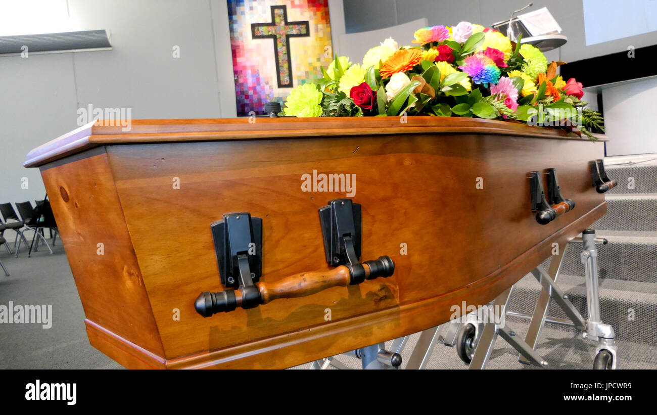 funeral casket or coffin inside the hearse or at church, chapel Stock ...
