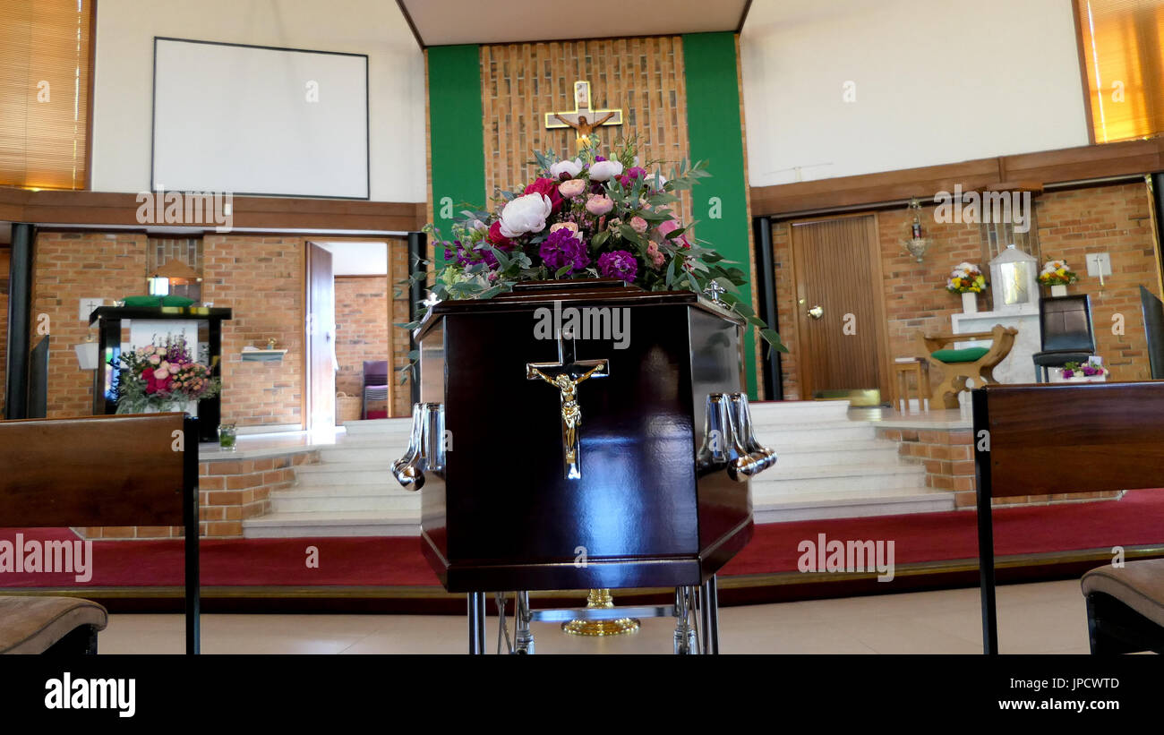 funeral casket or coffin inside the hearse or at church, chapel Stock ...