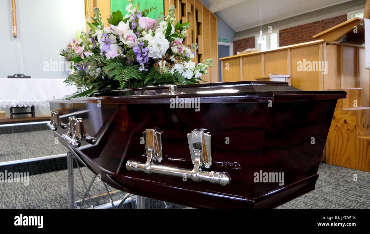 funeral casket or coffin inside the hearse or at church, chapel Stock ...