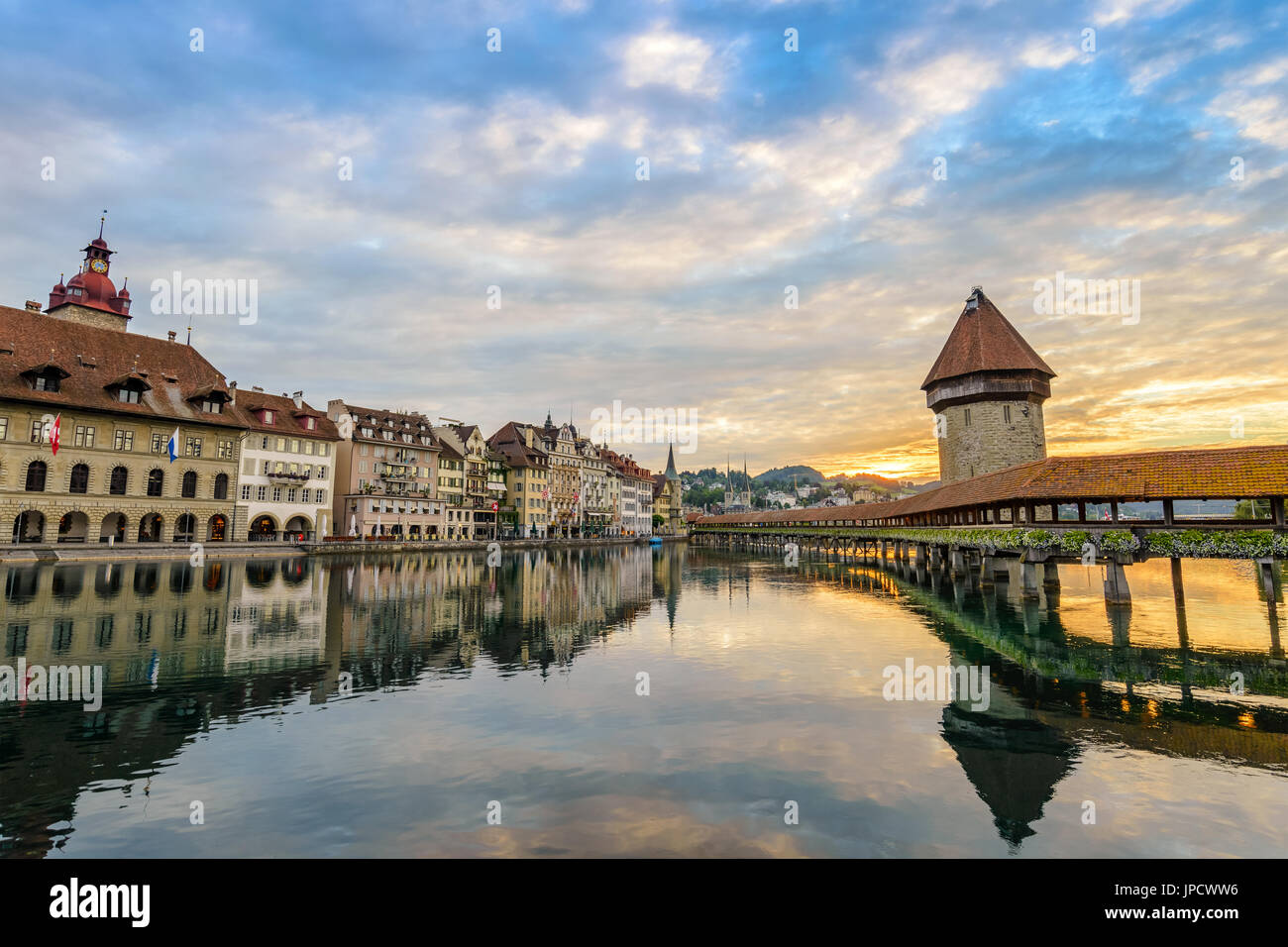 Lucerne sunrise city skyline and Chapel Bridge, Lucerne (Luzern ...