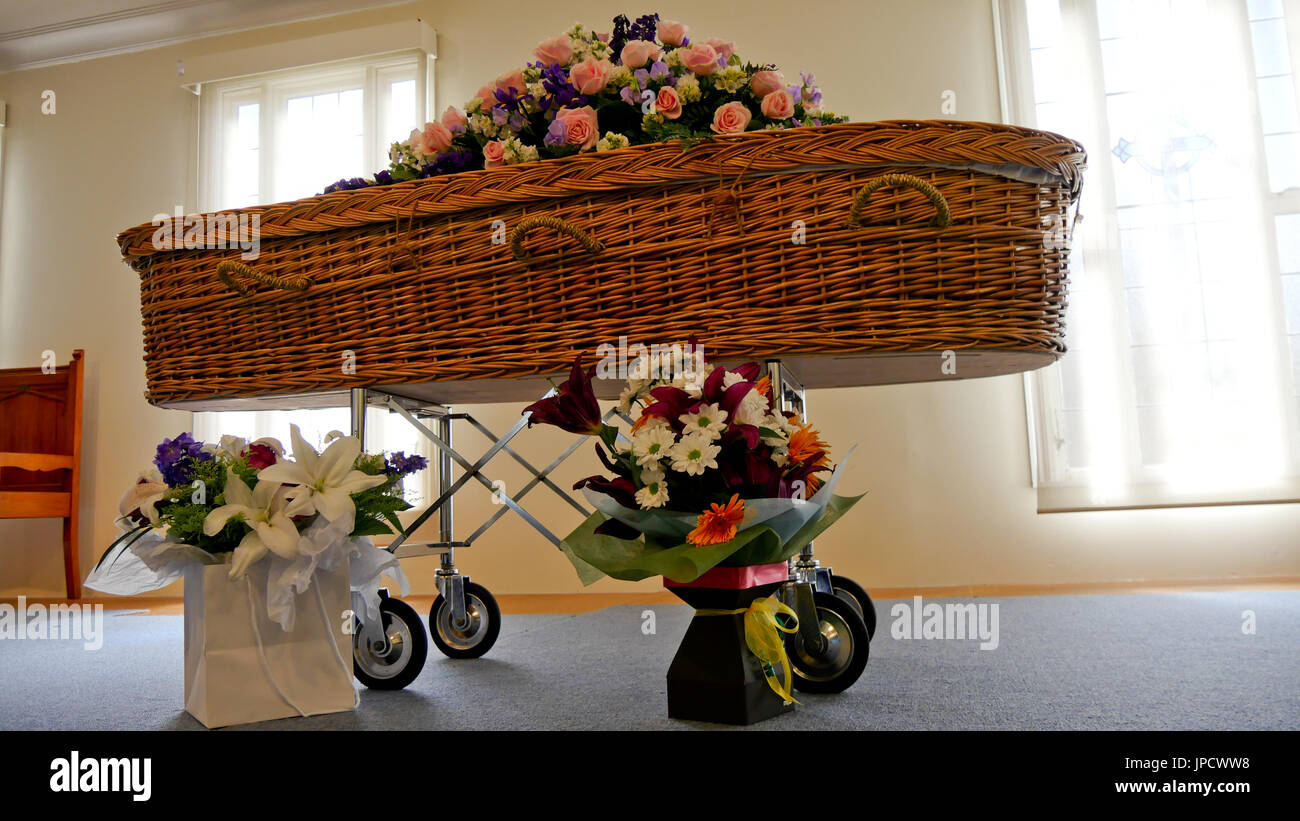 funeral casket or coffin inside the hearse or at church, chapel Stock ...