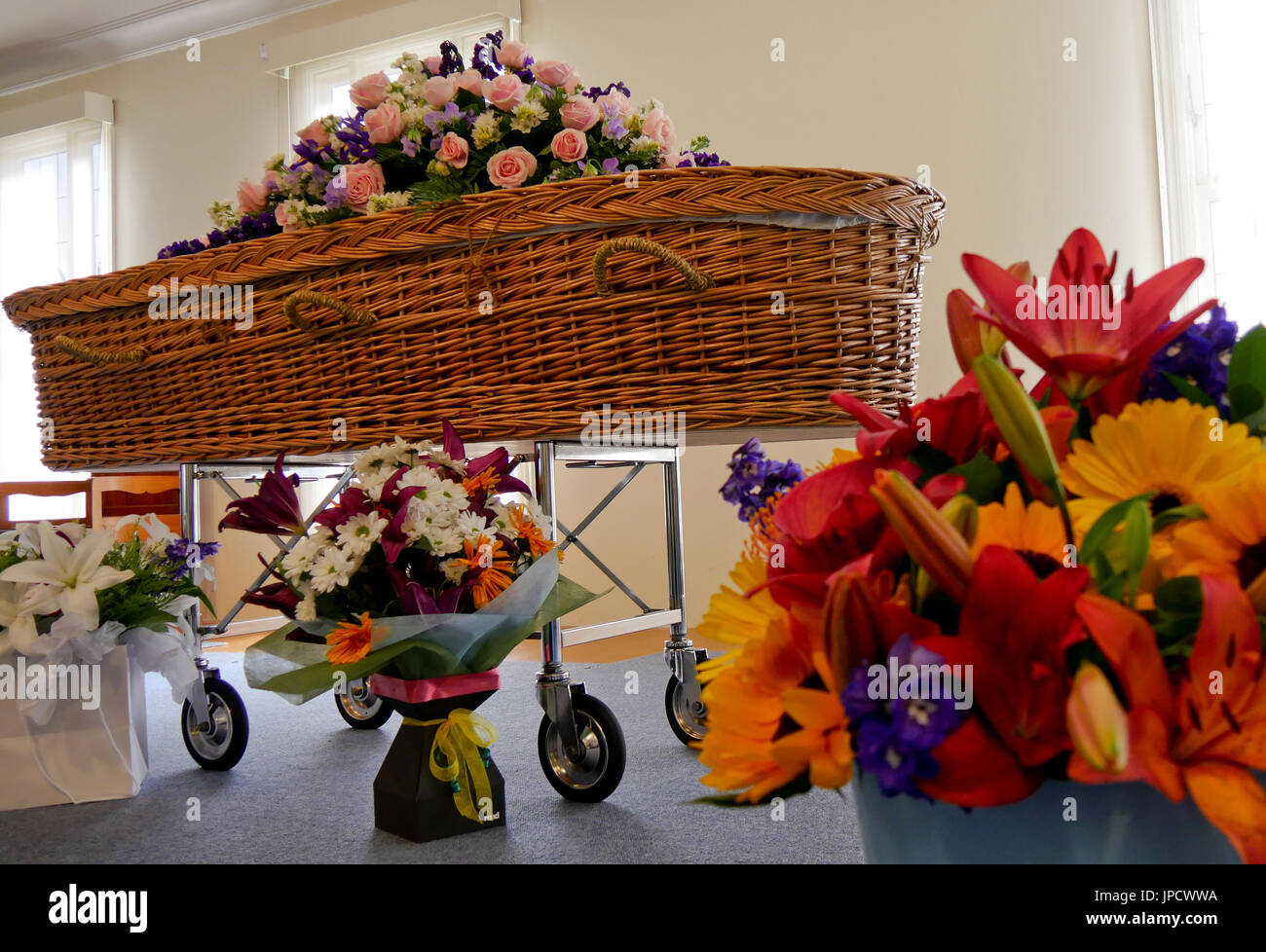 funeral casket or coffin inside the hearse or at church, chapel Stock ...