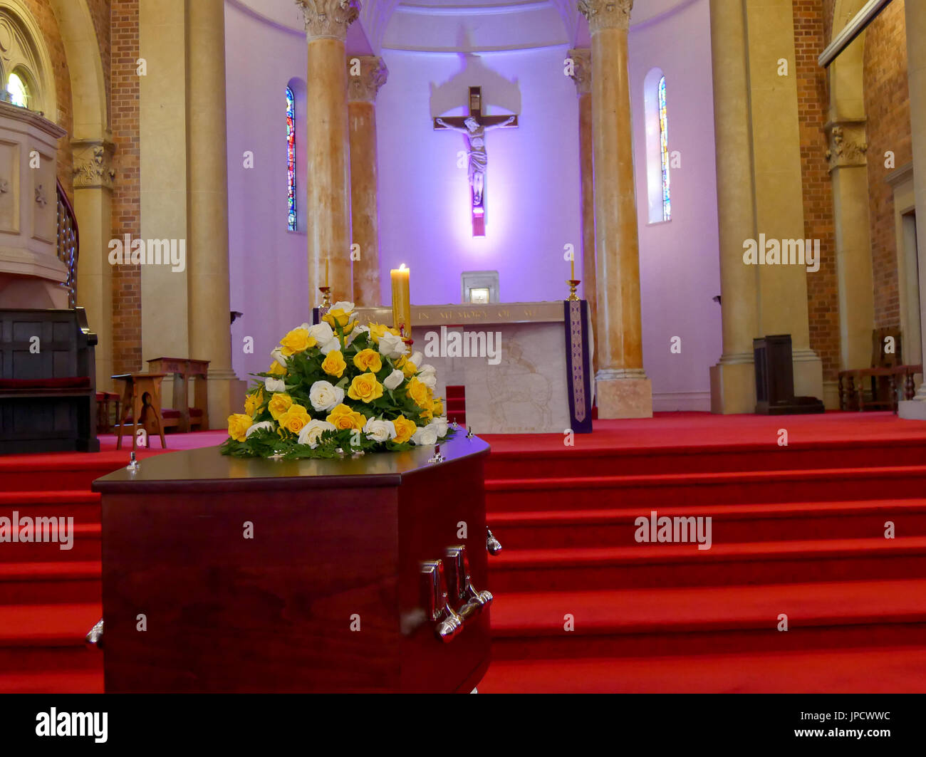 funeral casket or coffin inside the hearse or at church, chapel Stock ...