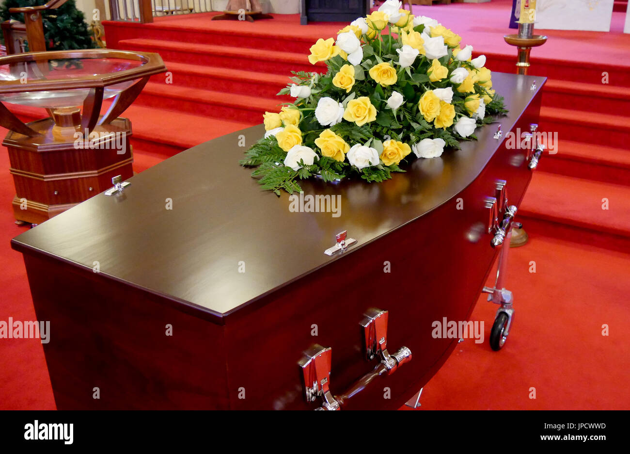 funeral casket or coffin inside the hearse or at church, chapel Stock ...