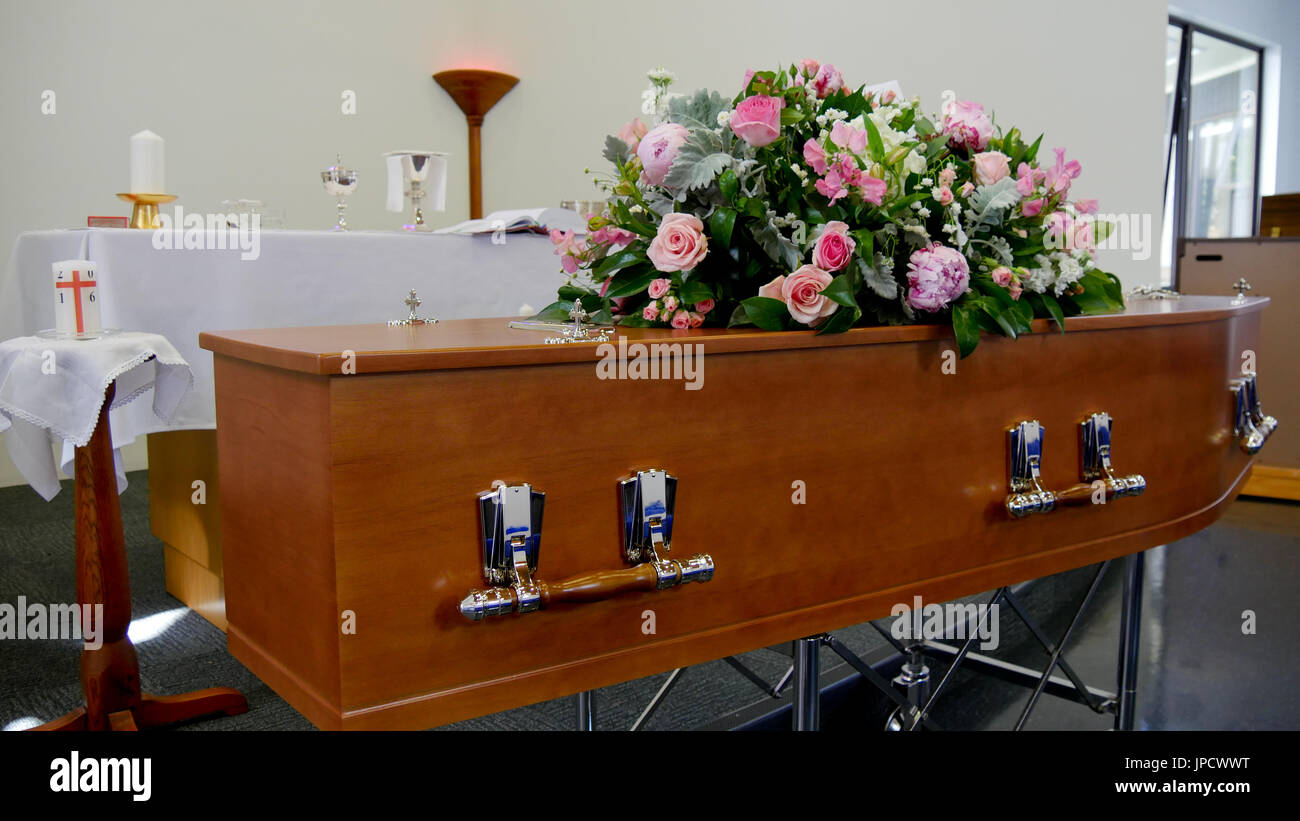 funeral casket or coffin inside the hearse or at church, chapel Stock ...
