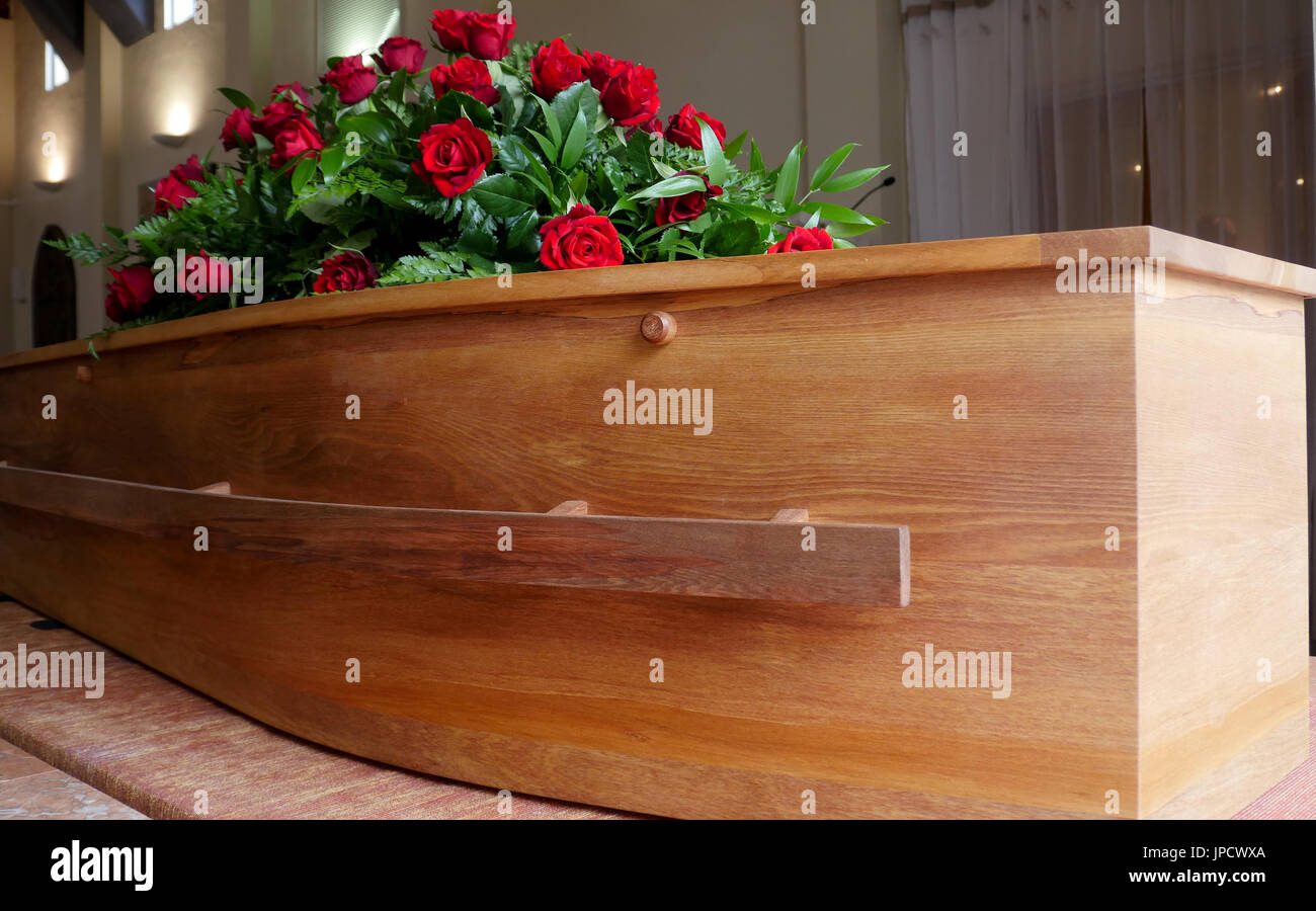 funeral casket or coffin inside the hearse or at church, chapel Stock ...