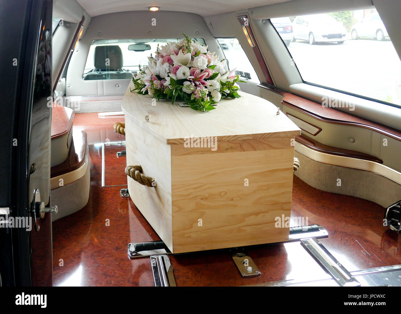 funeral casket or coffin inside the hearse or at church, chapel Stock ...
