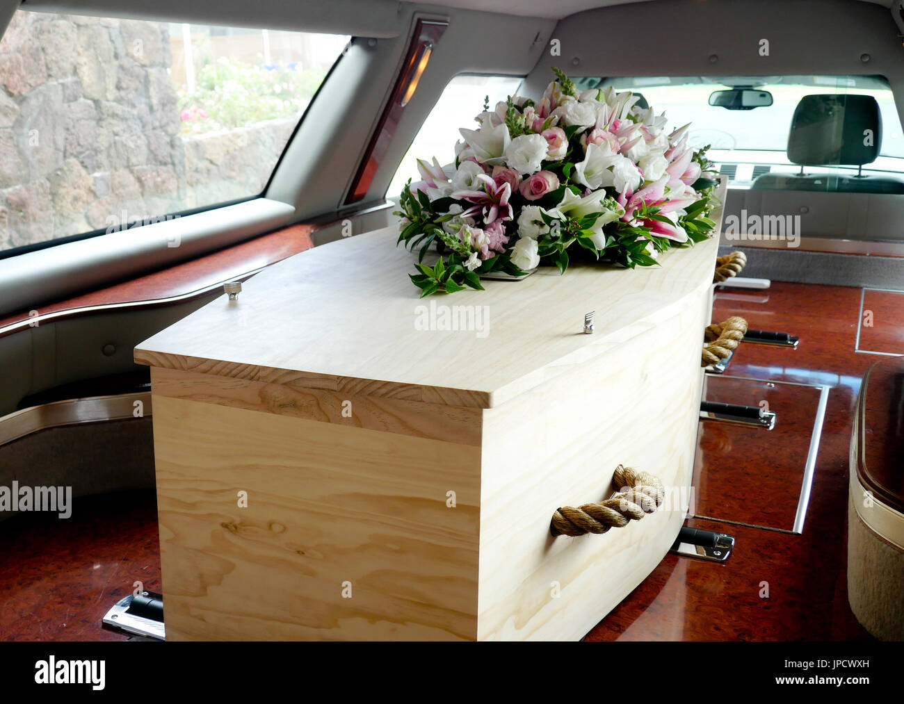 funeral casket or coffin inside the hearse or at church, chapel Stock ...