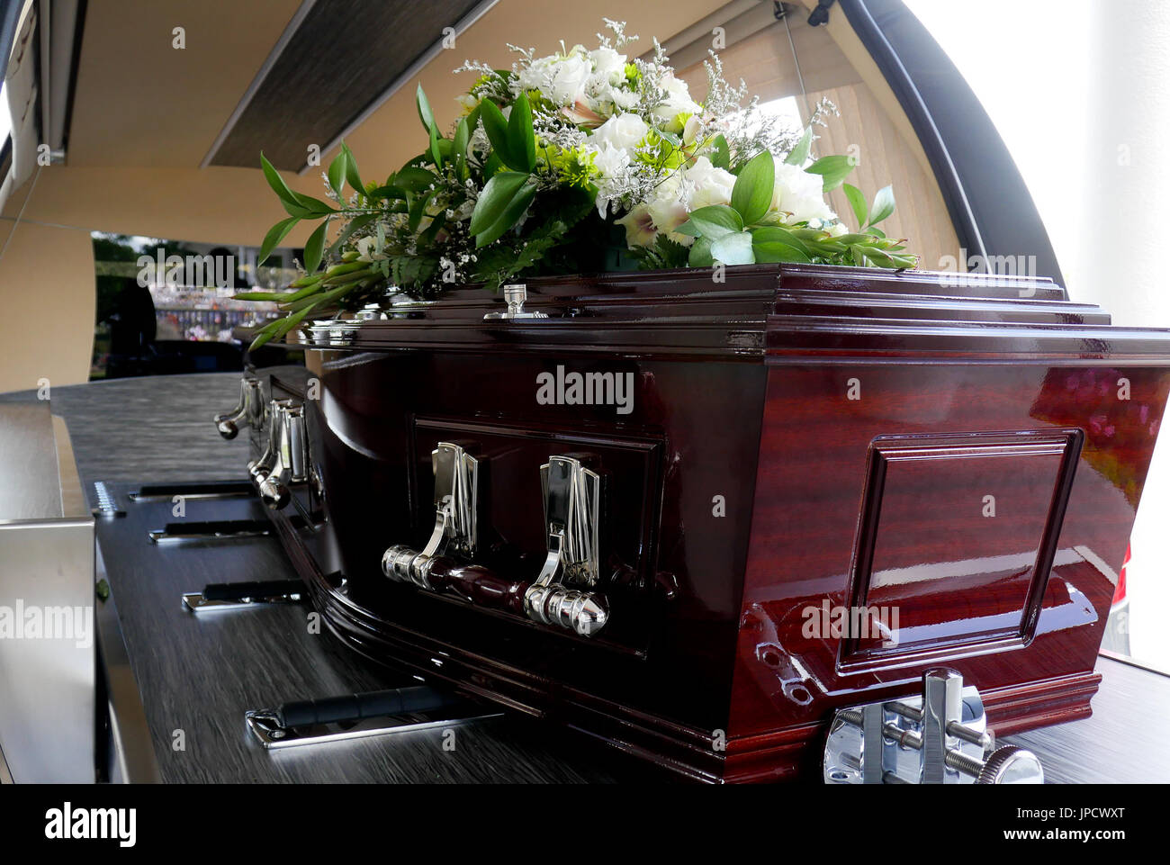 funeral casket or coffin inside the hearse or at church, chapel Stock ...