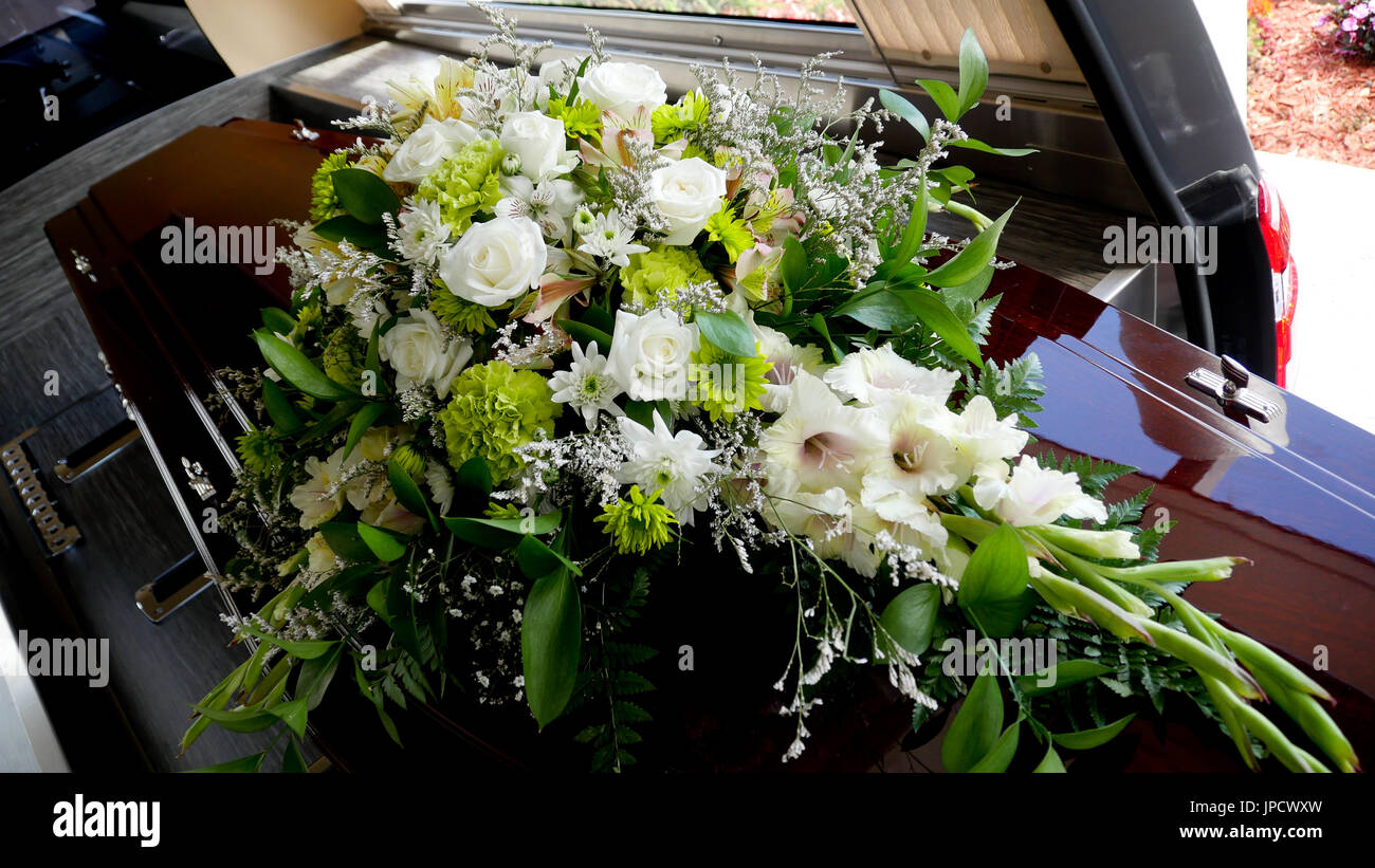 funeral casket or coffin inside the hearse or at church, chapel Stock ...