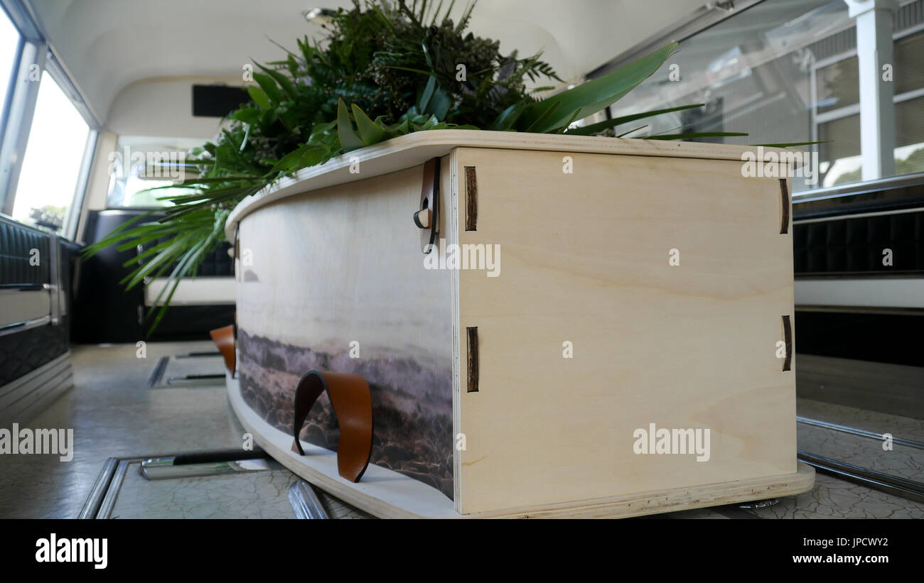 funeral casket or coffin inside the hearse or at church, chapel Stock ...