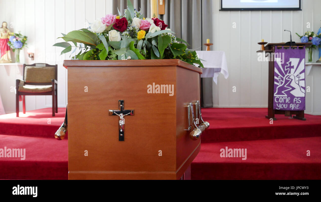 funeral casket or coffin inside the hearse or at church, chapel Stock ...