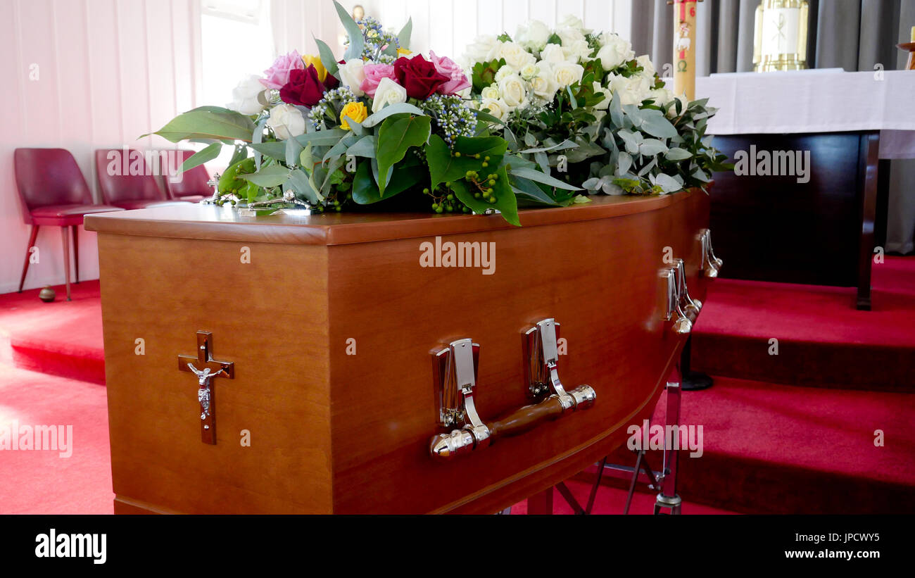 funeral casket or coffin inside the hearse or at church, chapel Stock ...