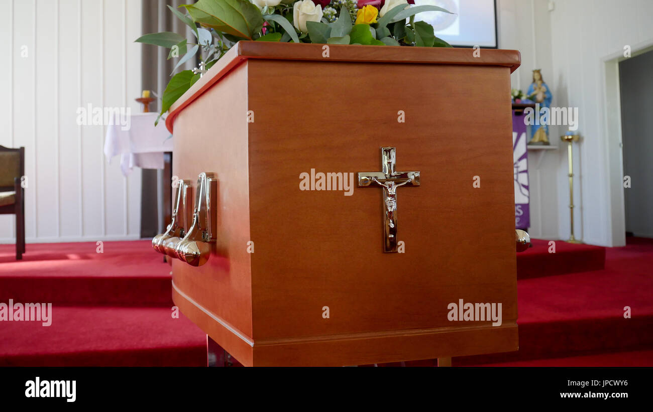 funeral casket or coffin inside the hearse or at church, chapel Stock ...