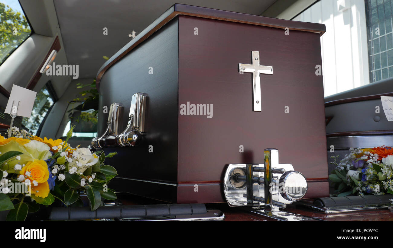 funeral casket or coffin inside the hearse or at church, chapel Stock ...