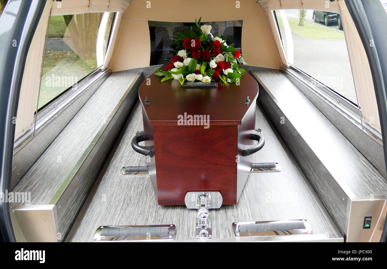 funeral casket or coffin inside the hearse or at church, chapel Stock ...