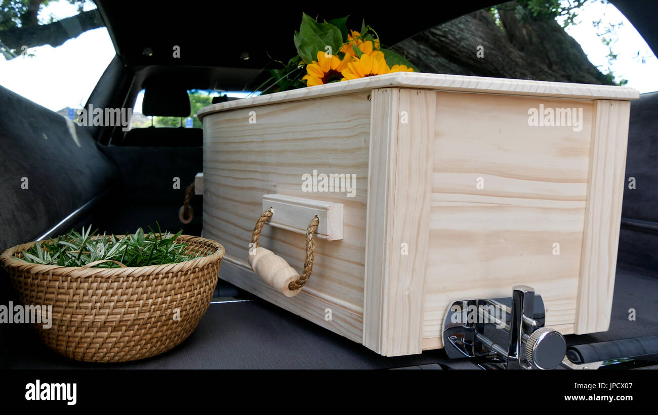 funeral casket or coffin inside the hearse or at church, chapel Stock ...