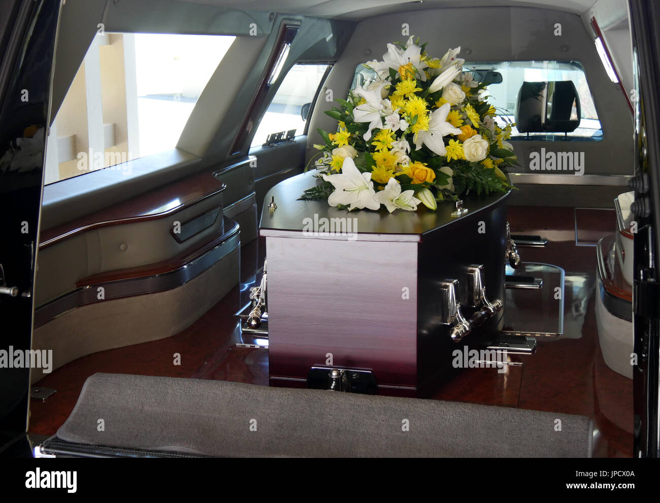 funeral casket or coffin inside the hearse or at church, chapel Stock ...