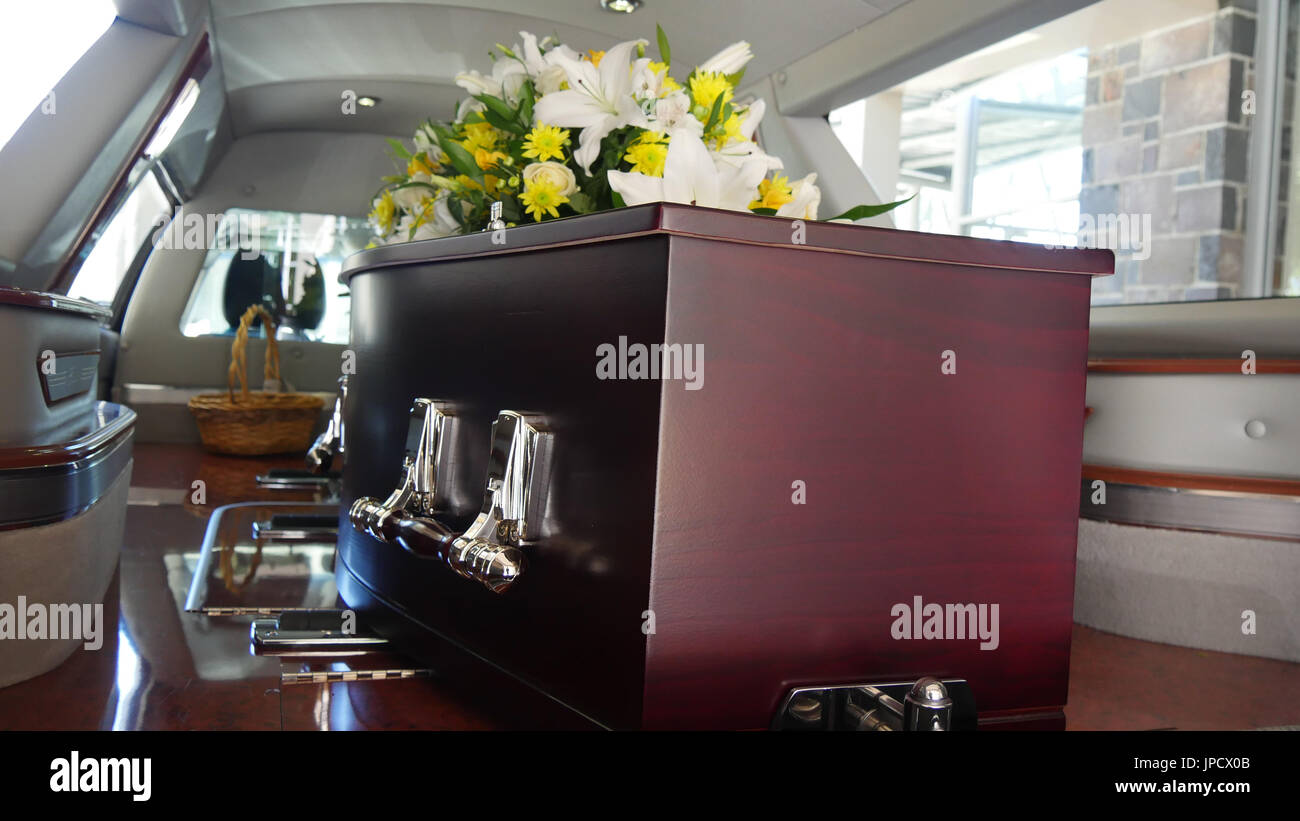 funeral casket or coffin inside the hearse or at church, chapel Stock ...