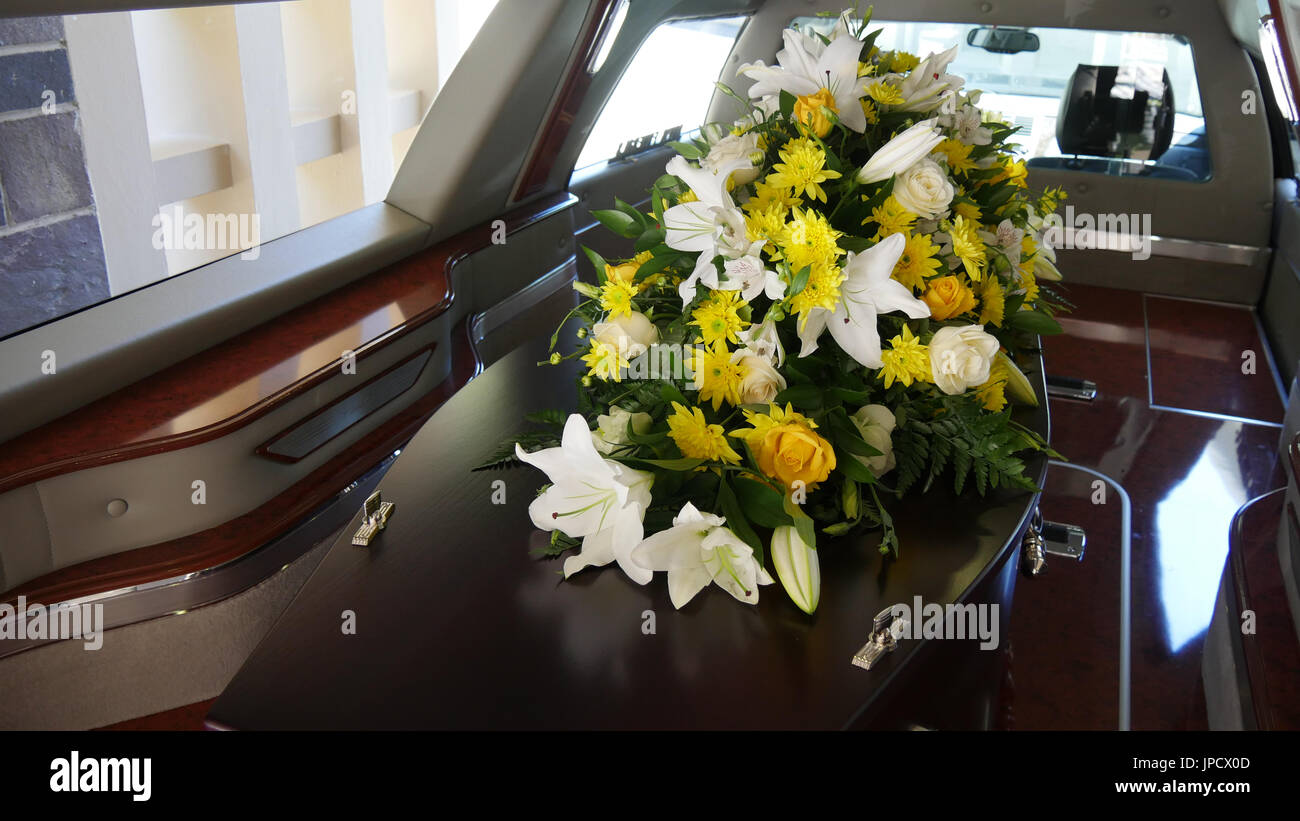 funeral casket or coffin inside the hearse or at church, chapel Stock ...