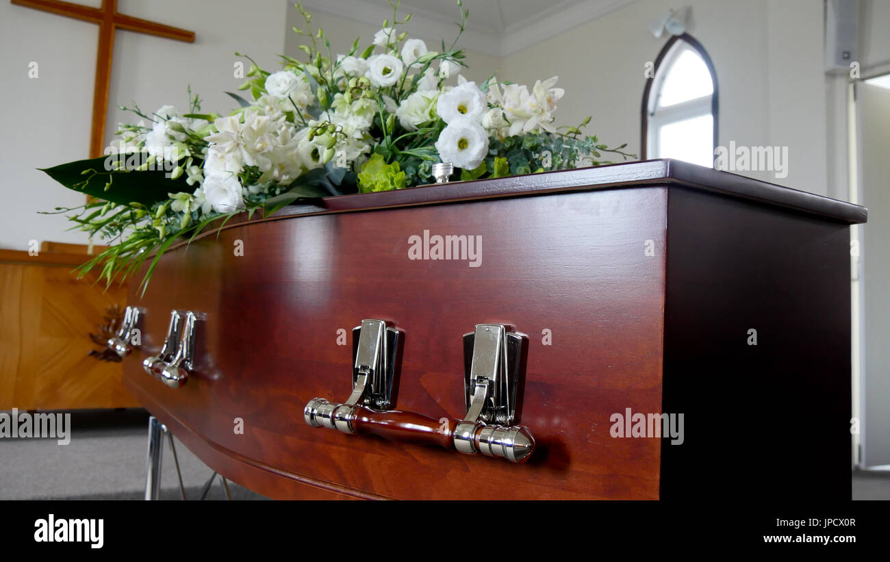 funeral casket or coffin inside the hearse or at church, chapel Stock ...