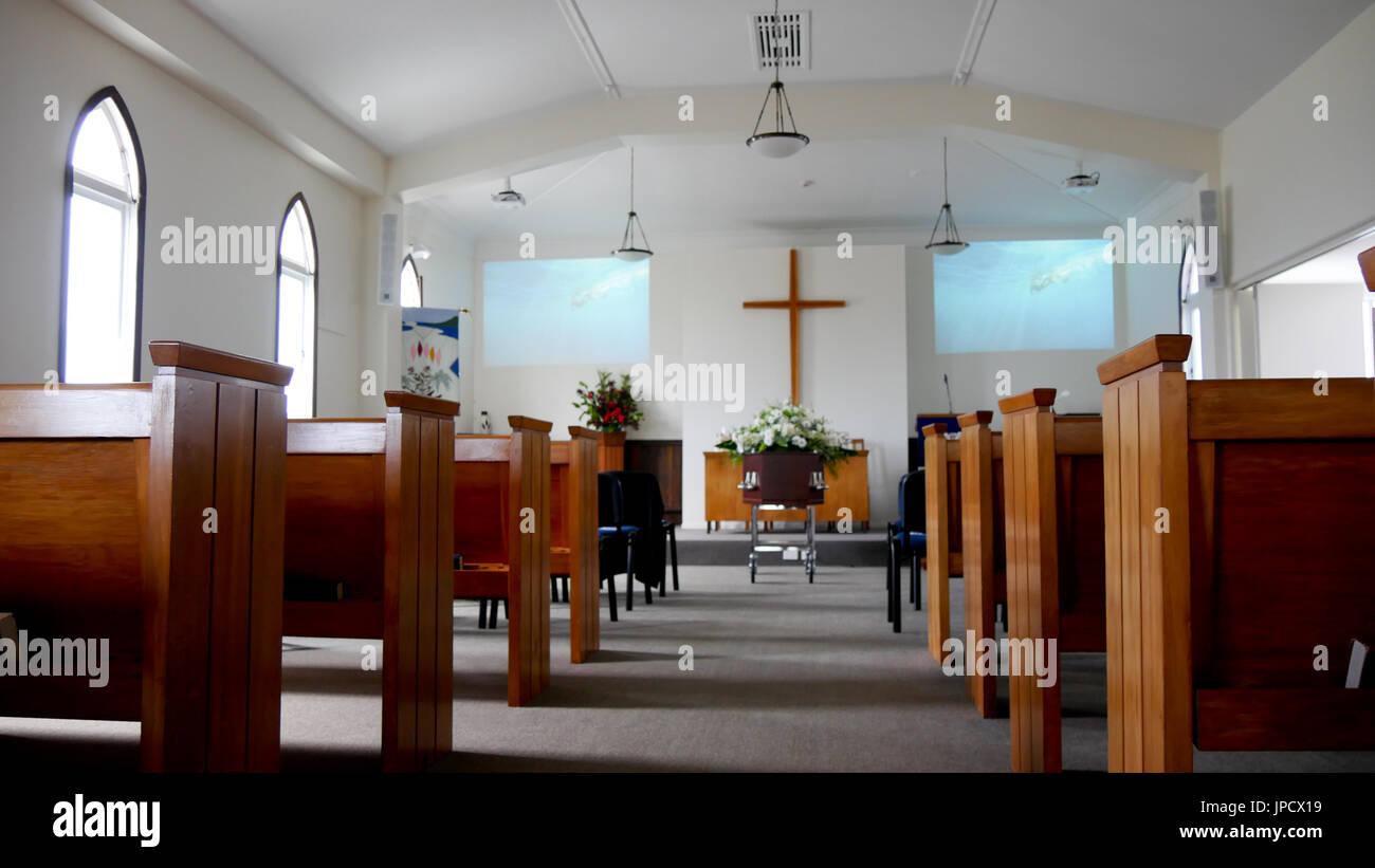 funeral casket or coffin inside the hearse or at church, chapel Stock ...