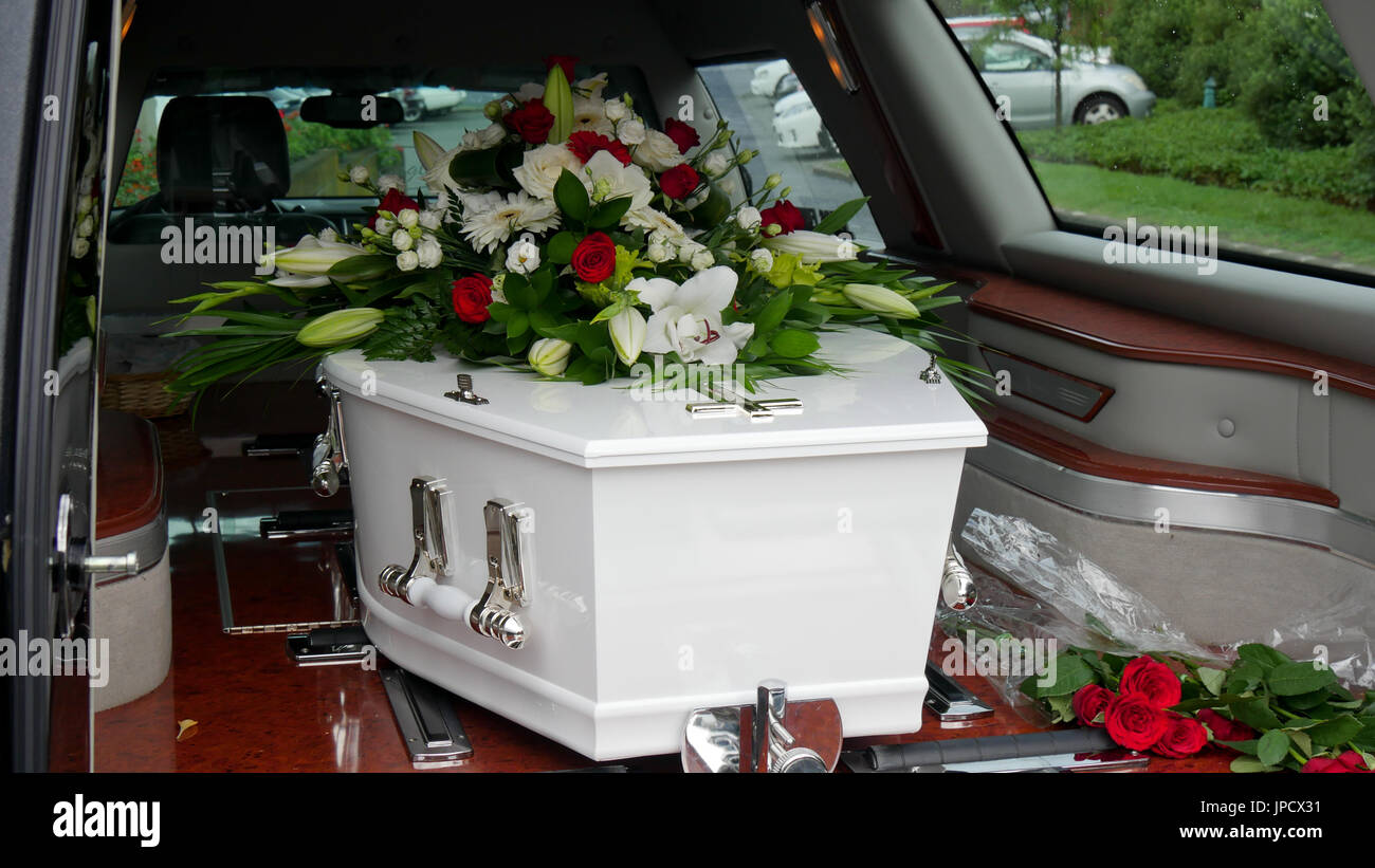 funeral casket or coffin inside the hearse or at church, chapel Stock ...