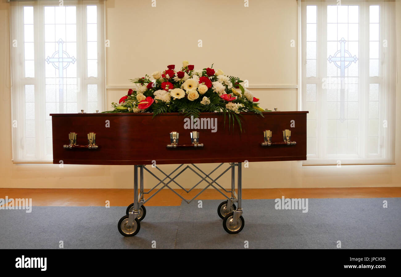 funeral casket or coffin inside the hearse or at church, chapel Stock ...