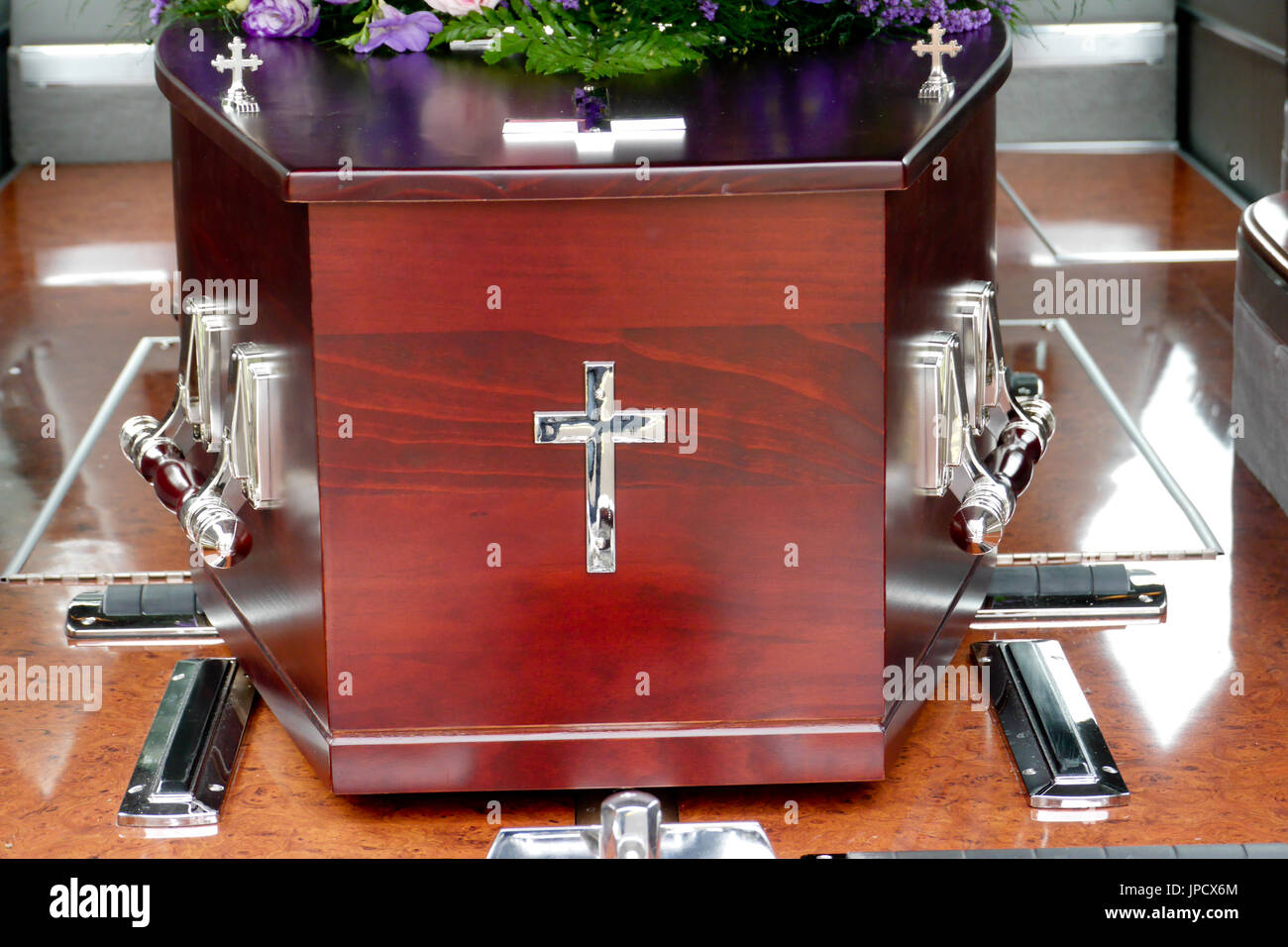 funeral casket or coffin inside the hearse or at church, chapel Stock ...
