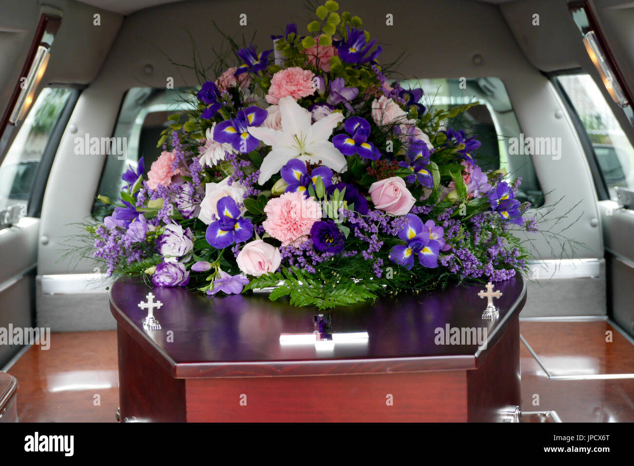 funeral casket or coffin inside the hearse or at church, chapel Stock ...