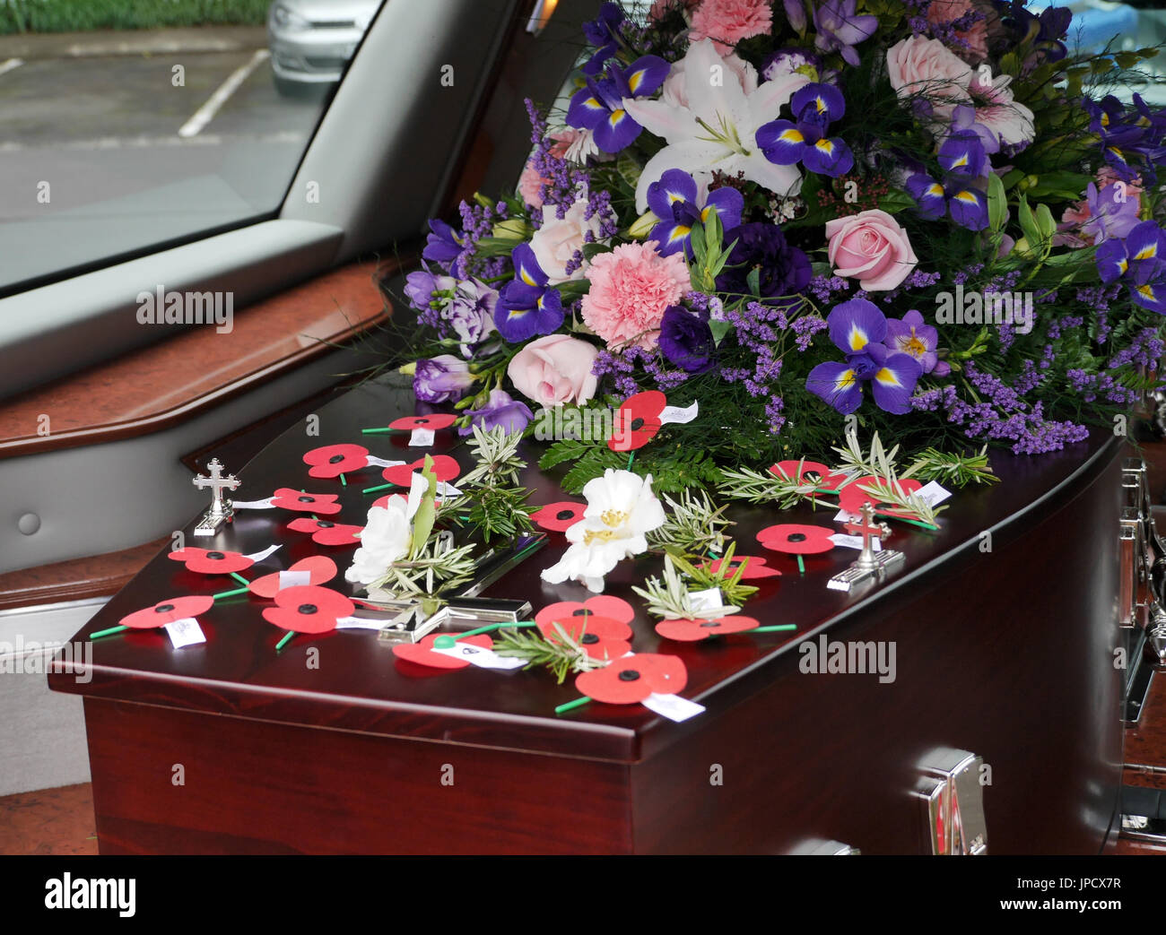 funeral casket or coffin inside the hearse or at church, chapel Stock ...
