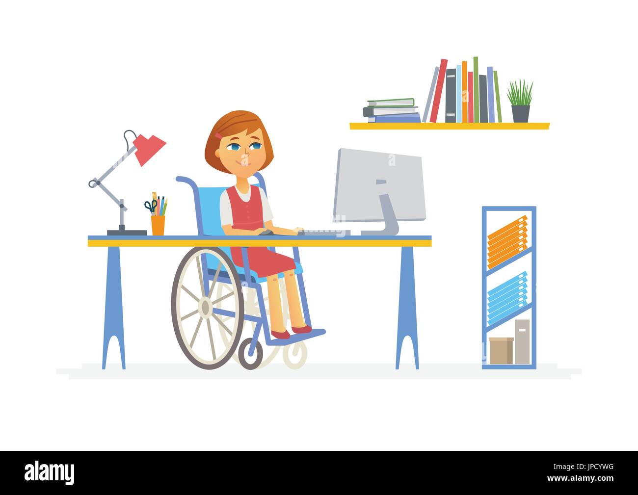 Online education - illustration of disabled school girl at home ...