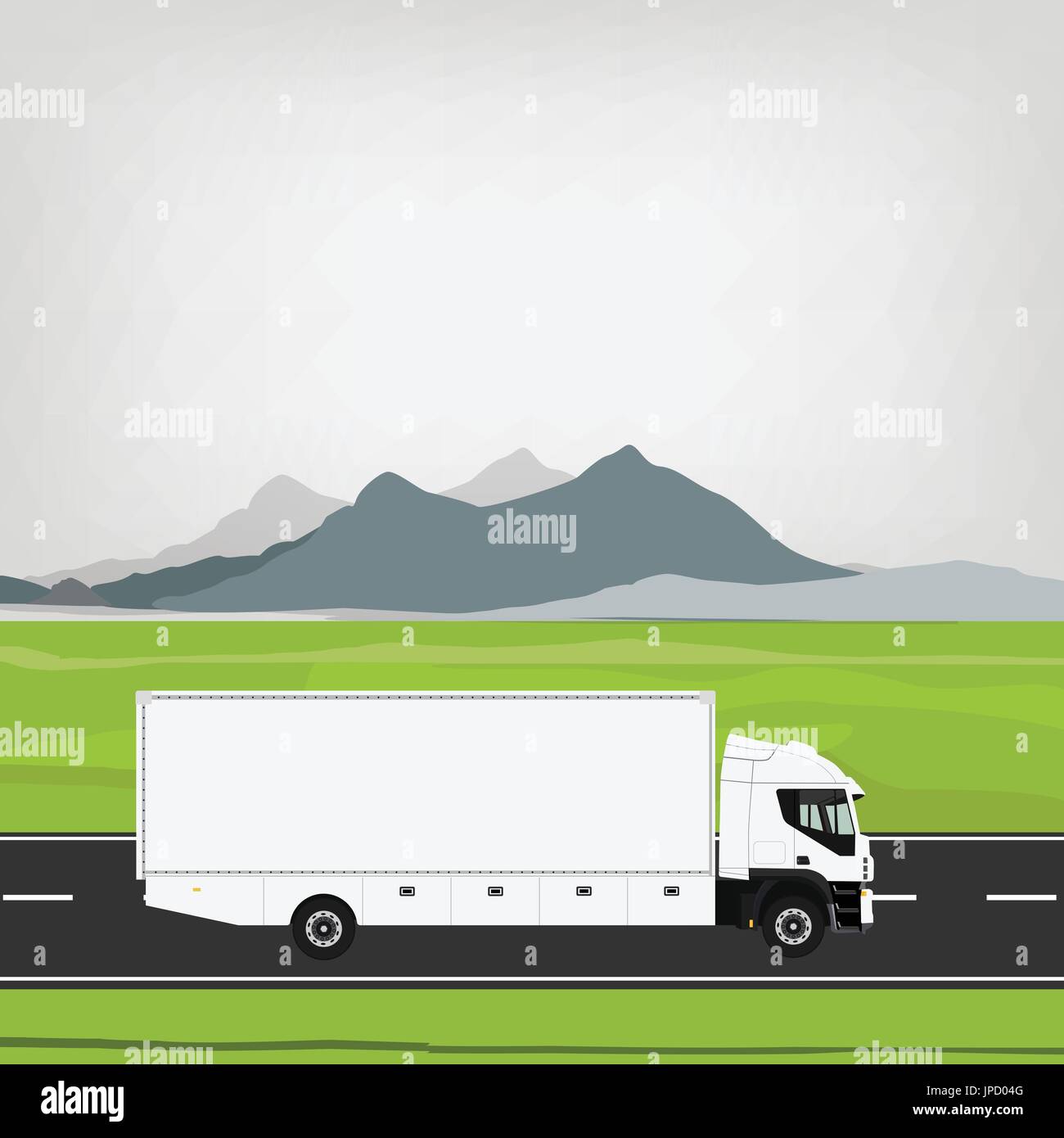 Vector illustration of white cargo truck driving on the road. Mountain ...