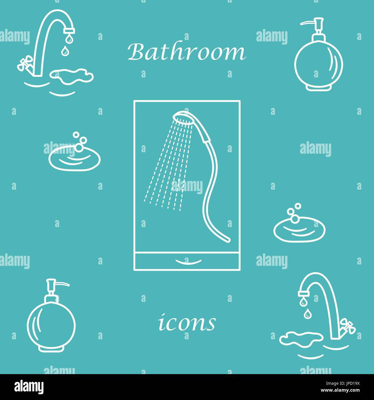 Set of vector illustrations of variety bathroom elements: faucet ...
