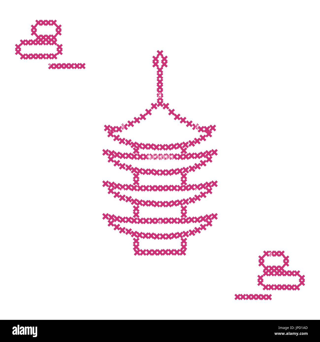 Cute vector illustration cross embroidery of pagoda and rocks for ...