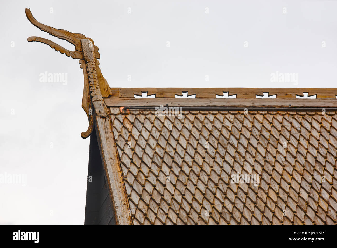 Lom medieval stave church roof detail. Viking symbol. Norway tourism ...
