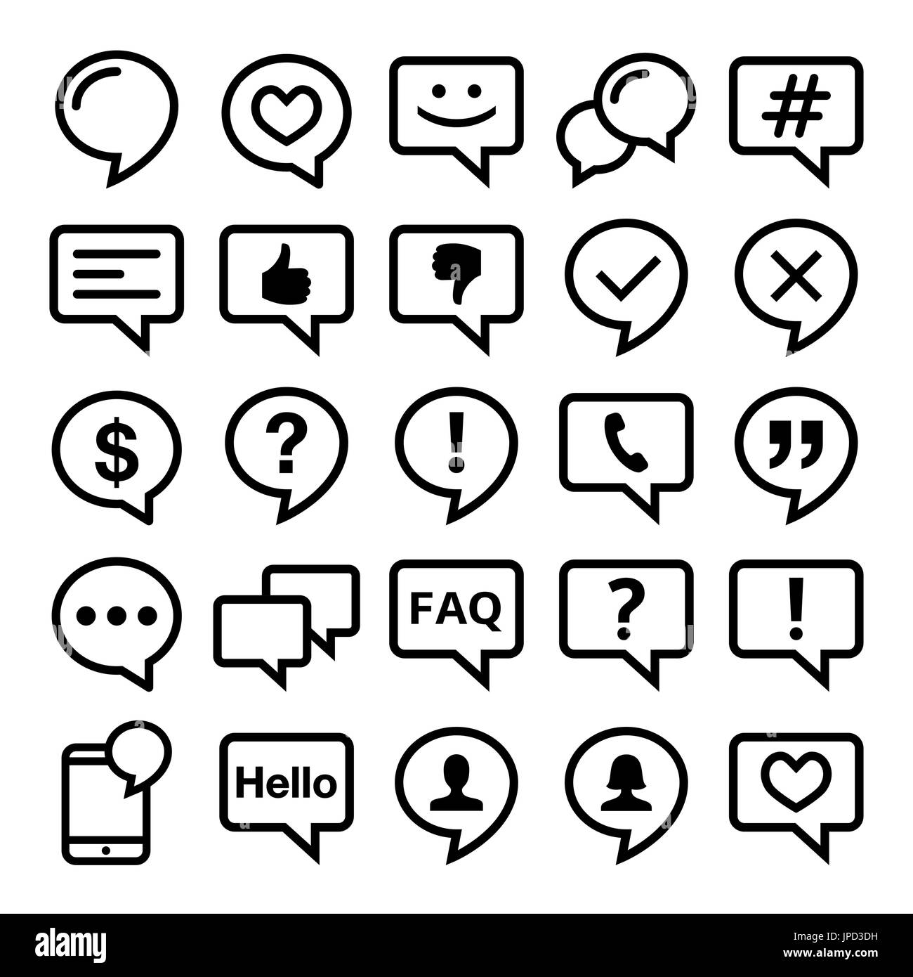 Speech bubble line icons set- comment, web, blog, contact vector design ...