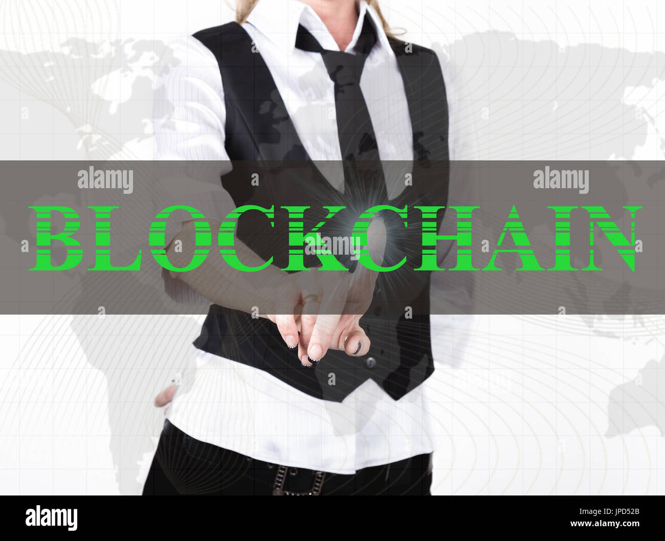 businesswoman in a jacket and tie pressing blockchain button of a ...