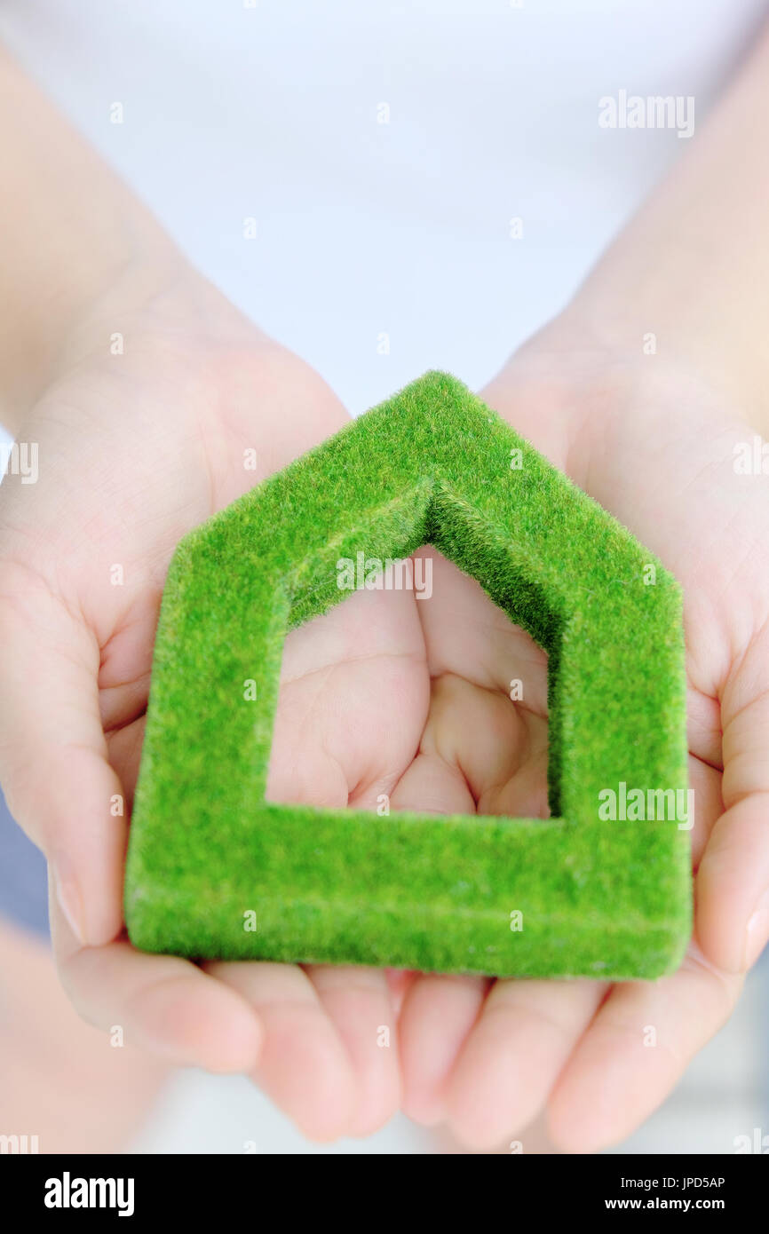 hand holding green house icon concept Stock Photo - Alamy