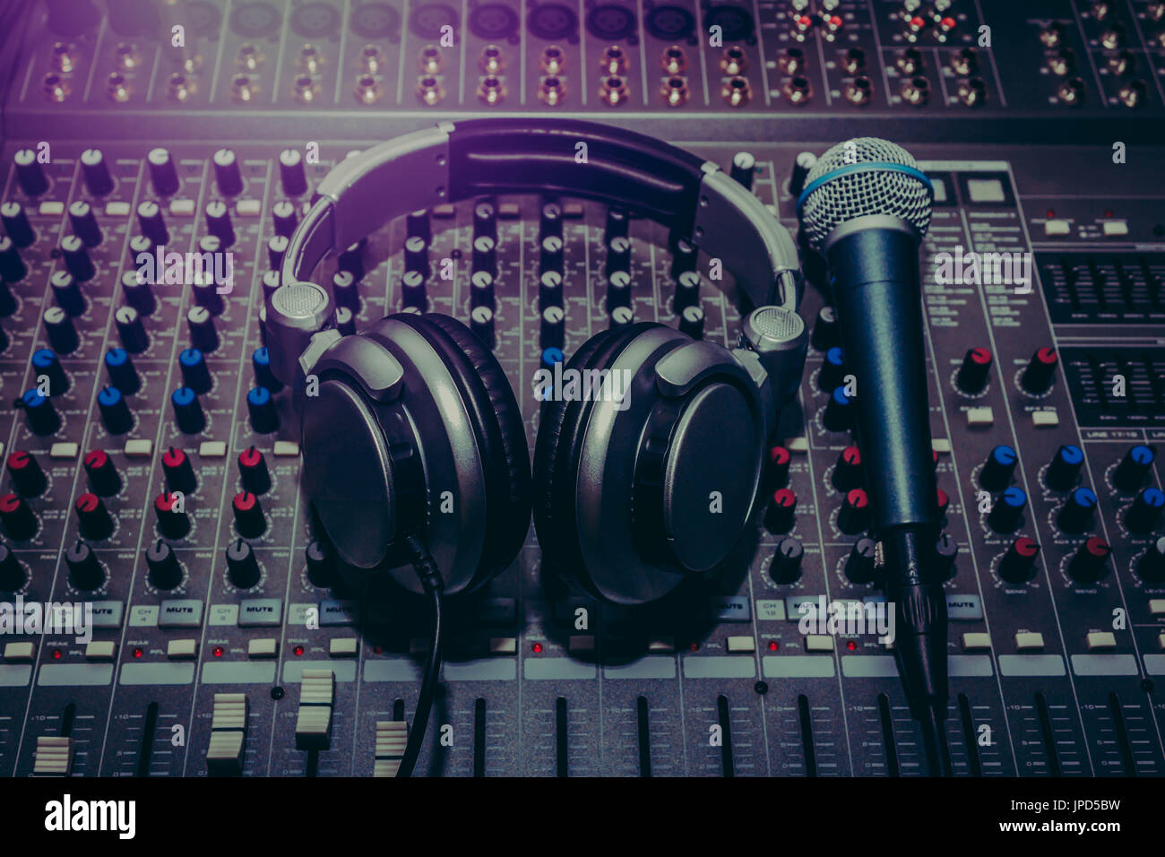 Top view musician equipment in home recording studio or Items in night ...