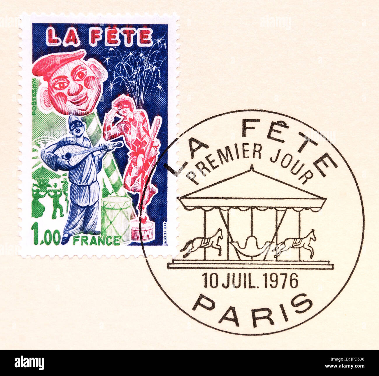 First day postmark on French stamp - La Fete Stock Photo - Alamy