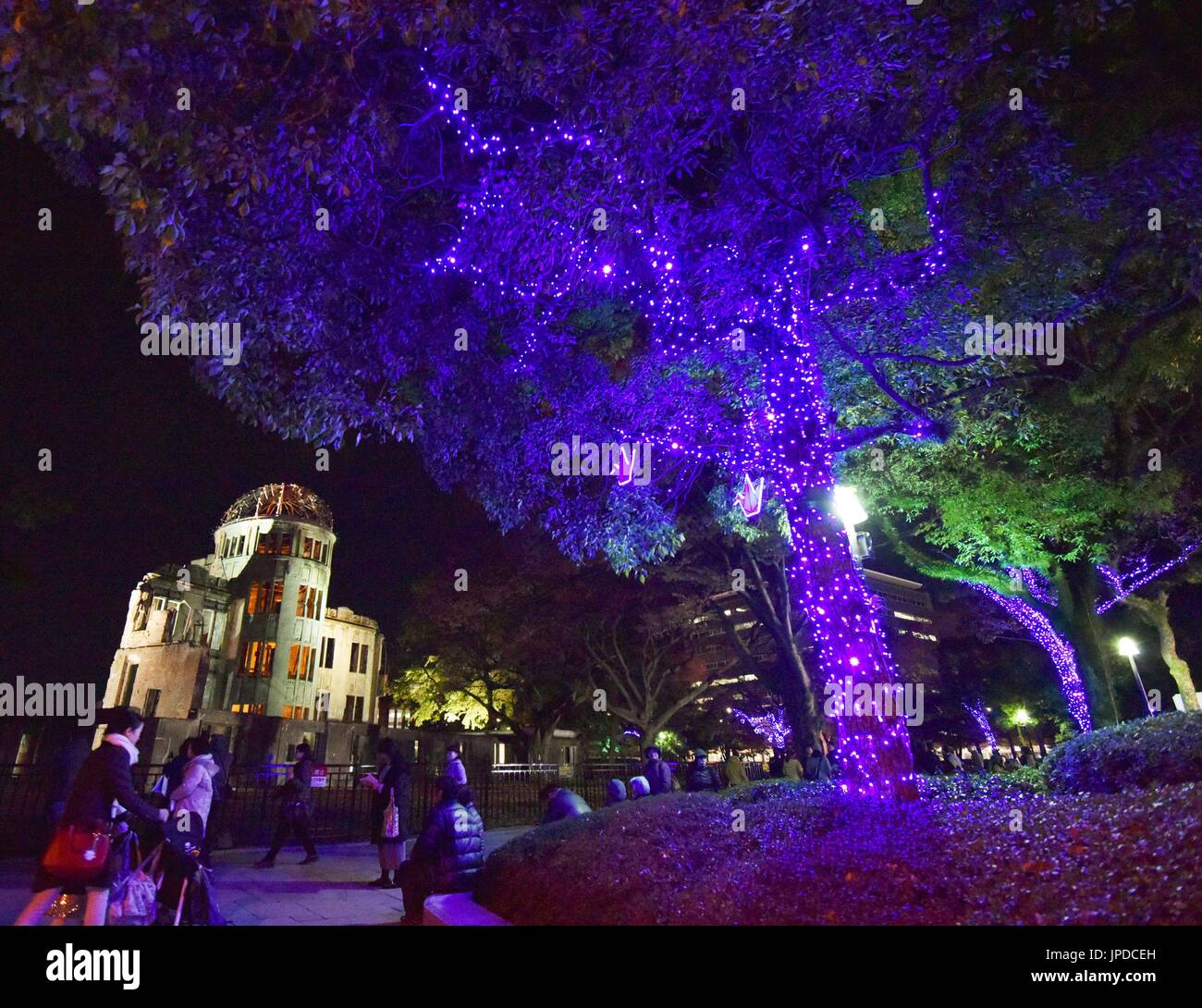 Trees are illuminated with LED lights near the Atomic Bomb Dome in ...