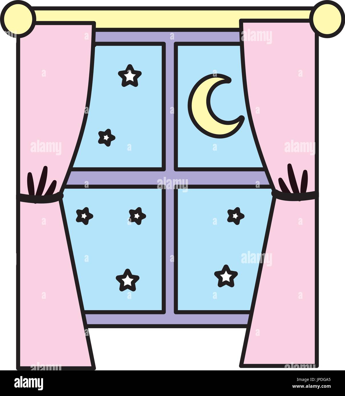 window with curtain the night and moon with star Stock Vector Image ...