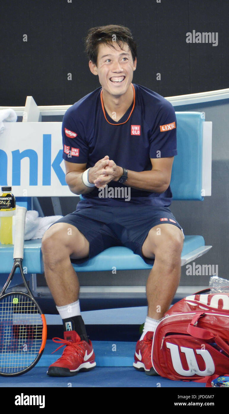 Japanese tennis player Kei Nishikori smiles during a practice session ...