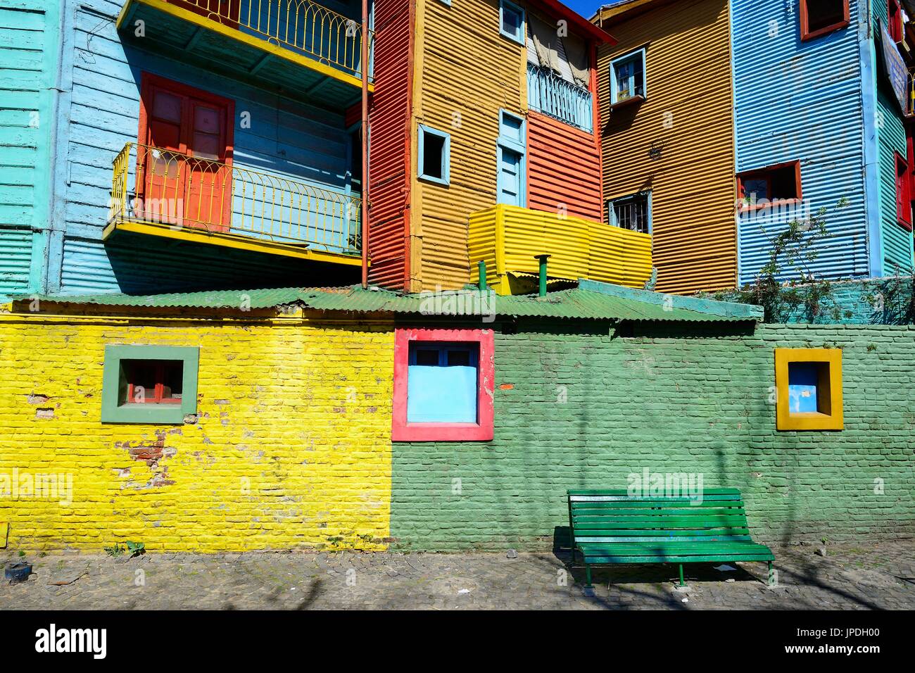Colorfully painted houses made of corrugated sheet iron, port district ...